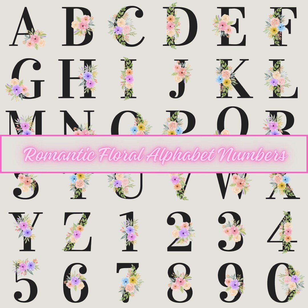 Romantic Floral Alphabet and Numbers Clipart, Watercolor Floral ...