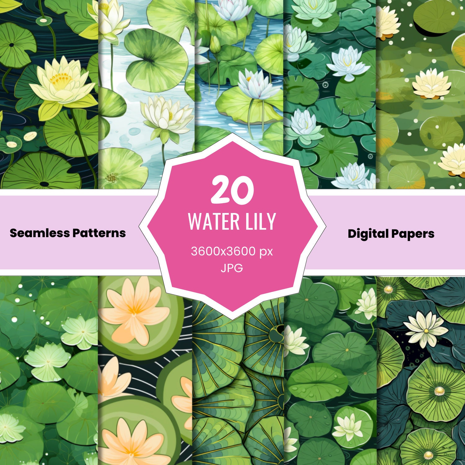 Digital Paper Floral Lotus Water Lily Pad | Seamless Digital Patterns ...