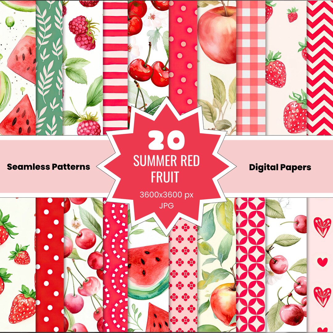 20 Digital Paper Summer Red Fruits | Seamless Digital Patterns ...