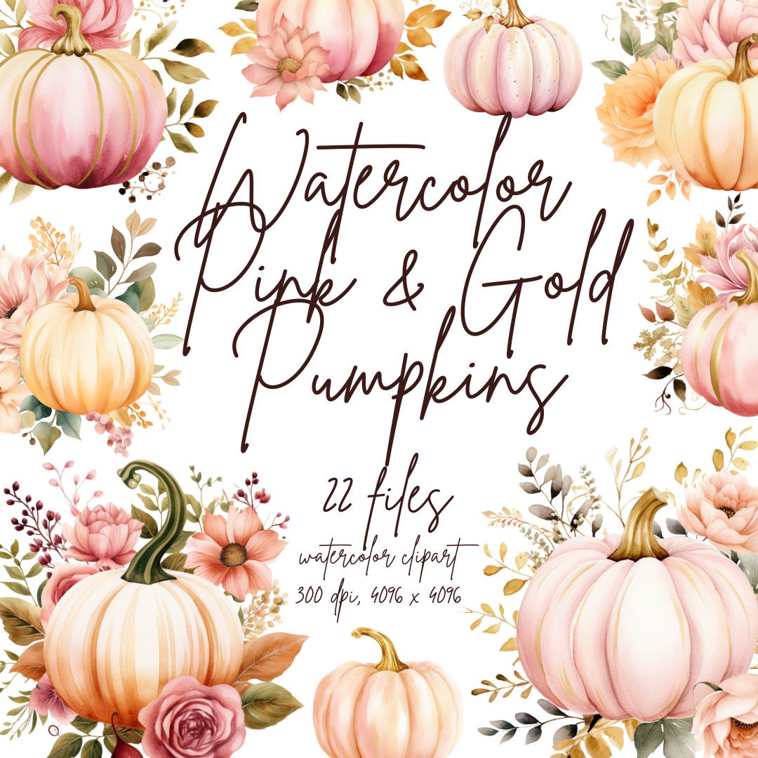 Watercolor Pink and Gold Pumpkin Clipart Bundle Floral Pumpkin Graphics ...