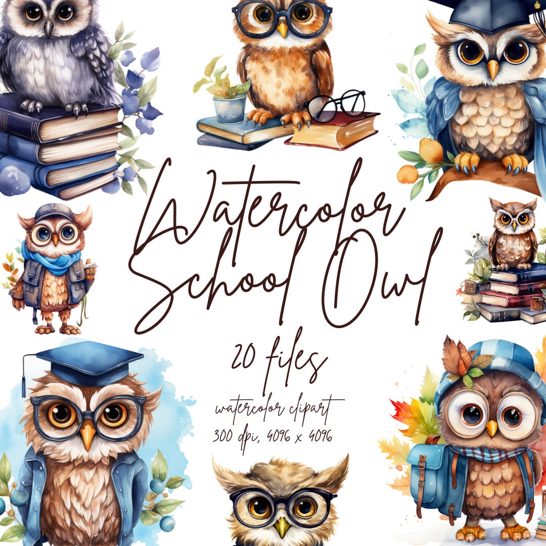 Watercolor School Owl Clipart Owl in School Clipart Back to School ...