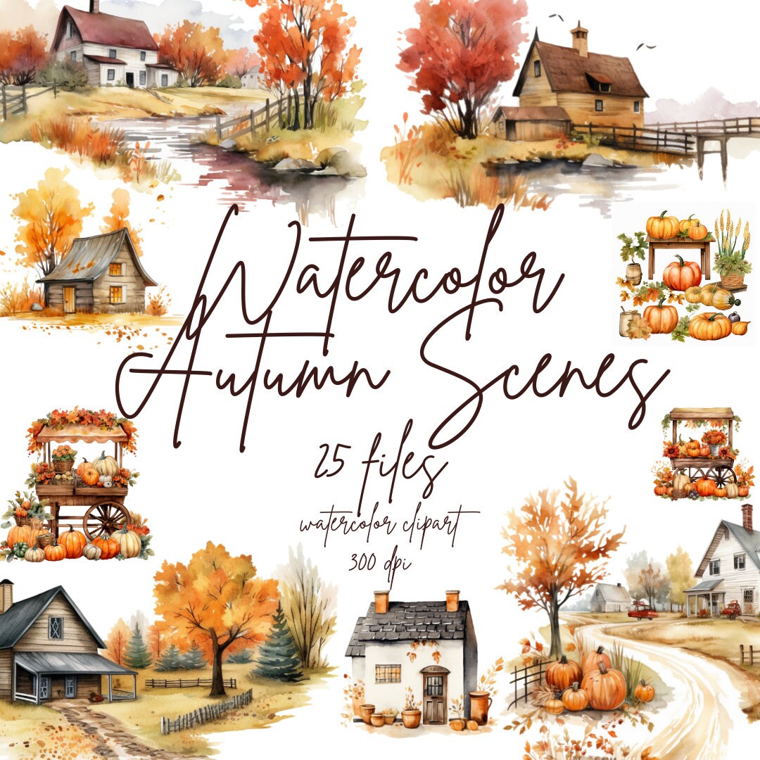 Autumn Scenes Clipart, Watercolor Autumn Clipart, Cozy Fall Graphics ...