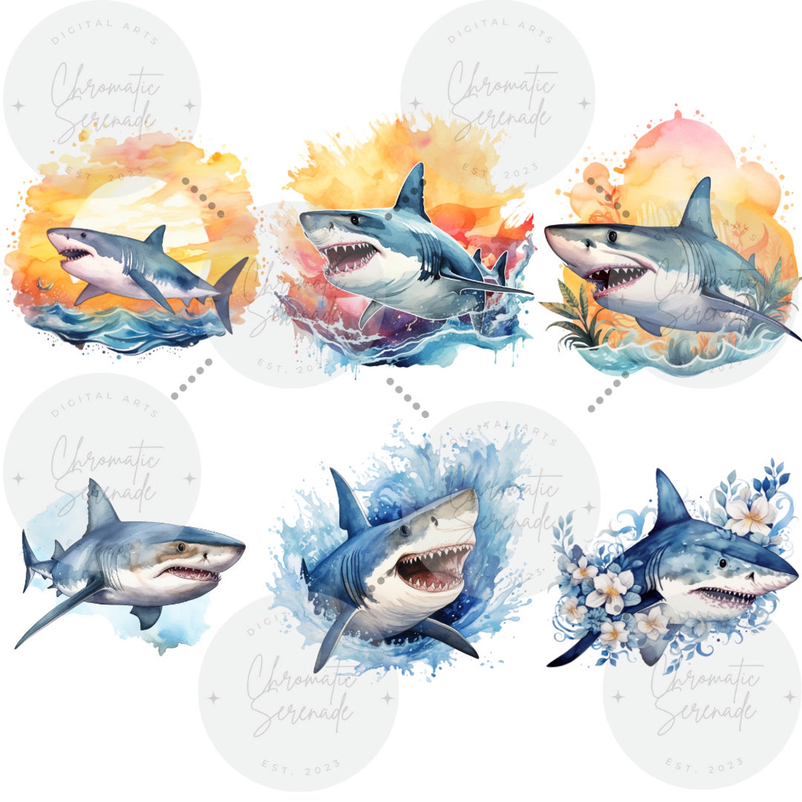 Watercolor Sharks Clipart Floral Shark Graphics Ocean Animals PNG Sea ...