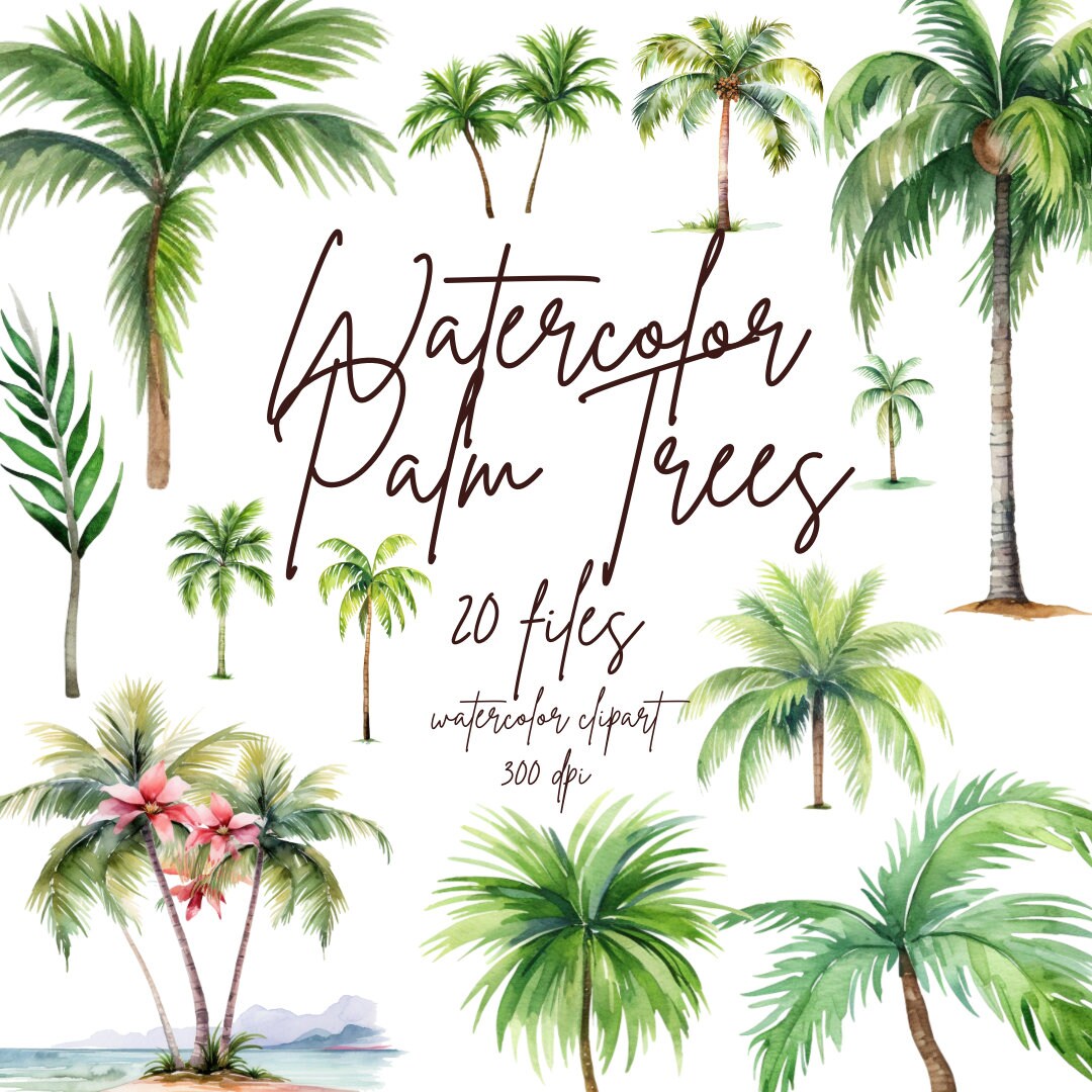 Watercolor Palm Trees Clipart, Tropical Island Clipart, Palm Tree ...
