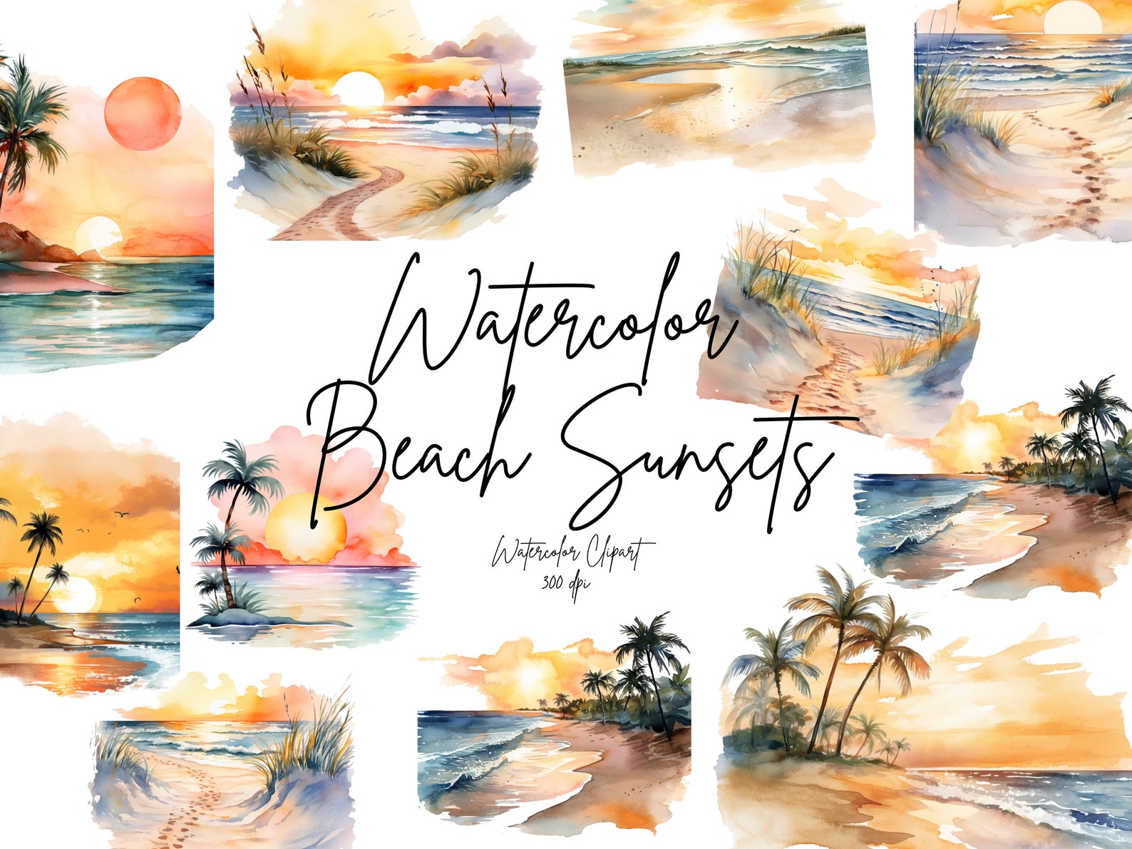Watercolor Beach Sunset Clipart, Watercolor Beach Clipart, Watercolor ...