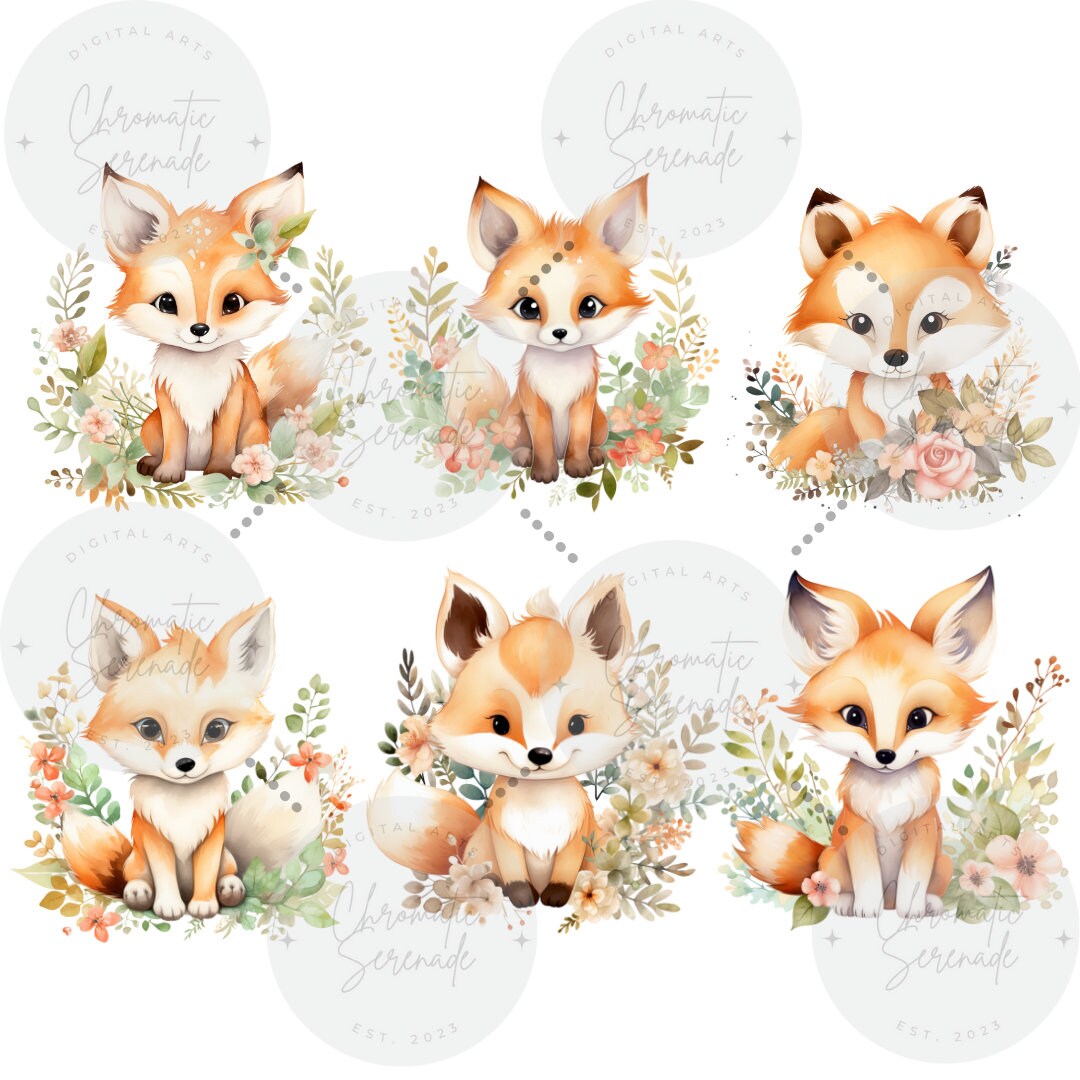 Watercolor Cute Fox Clipart Adorable Fox PNG Floral Fox - Etsy