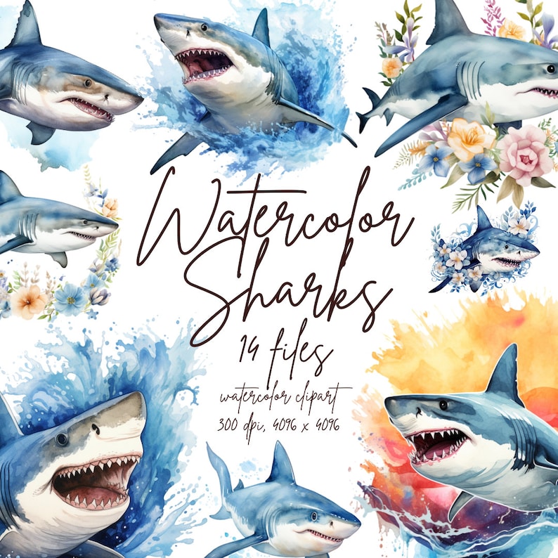 Watercolor Sharks Clipart Floral Shark Graphics Ocean Animals PNG Sea ...