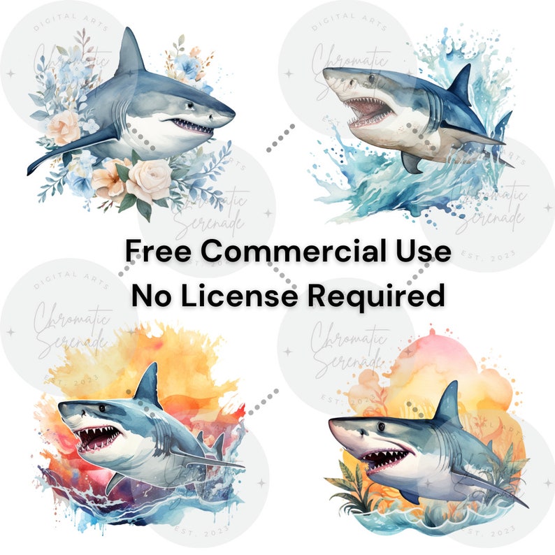 Watercolor Sharks Clipart Floral Shark Graphics Ocean Animals PNG Sea ...