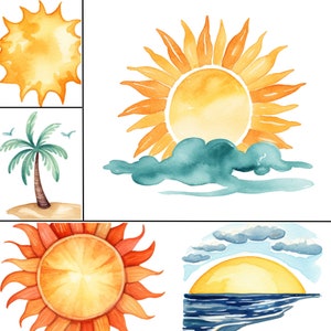 Watercolor Sun Clipart, Summer Clipart, Warm Sun PNG Clipart, Hand ...