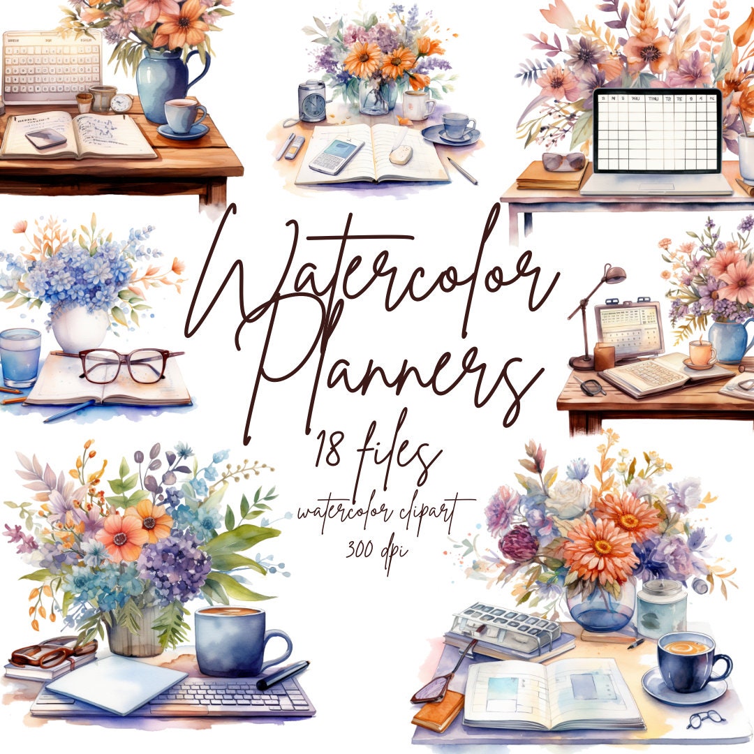 Watercolor Planner Clipart, Cute Watercolor Planner Scenes, Floral ...