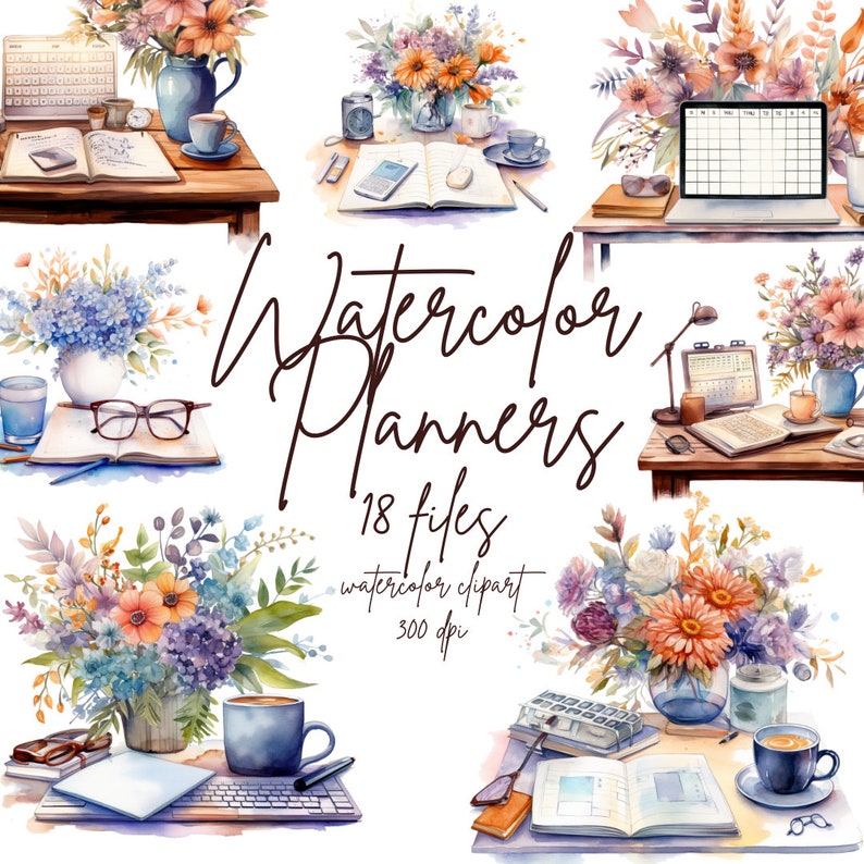 Watercolor Planner Clipart, Cute Watercolor Planner Scenes, Floral ...