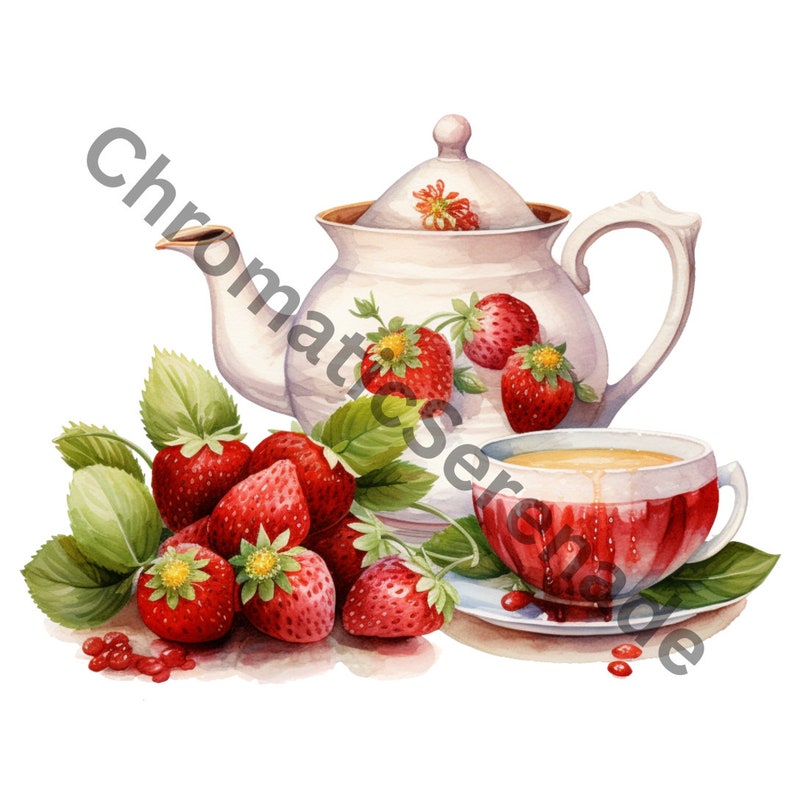 Watercolor Strawberry Tea Clipart Pink and Gold Tea Cups - Etsy