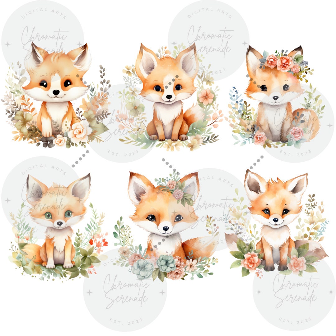 Watercolor Cute Fox Clipart Adorable Fox PNG Floral Fox - Etsy