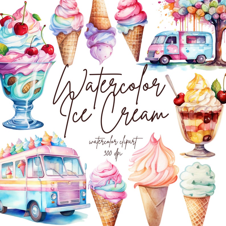 Watercolor Ice Cream Clipart Summer Watercolor Clipart - Etsy
