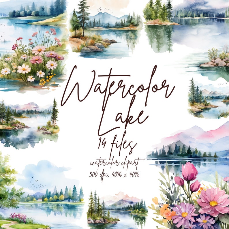 Watercolor Lake Clipart Lake Forest Clipart Spring Landscape - Etsy