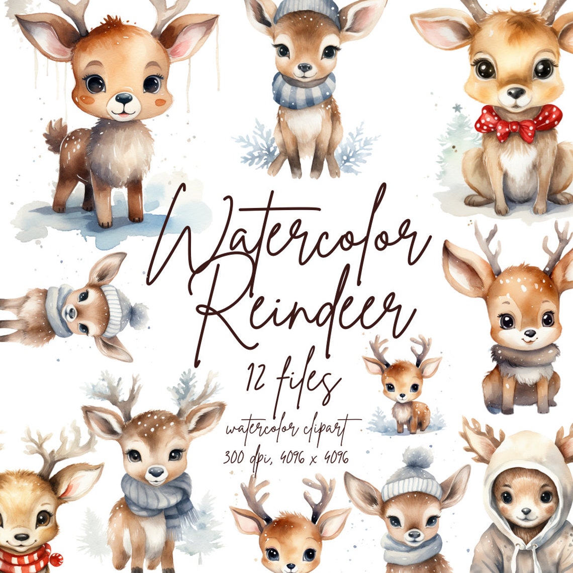Watercolor Reindeer Clipart Cute Reindeer PNG Santa's - Etsy