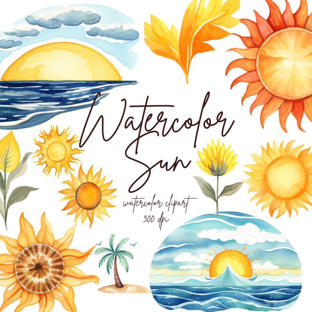 Watercolor Sun Clipart, Summer Clipart, Warm Sun PNG Clipart, Hand ...