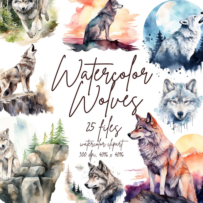 Watercolor Wolf Clipart Wolves Graphics Grey Wolf PNG Woodland Animals ...
