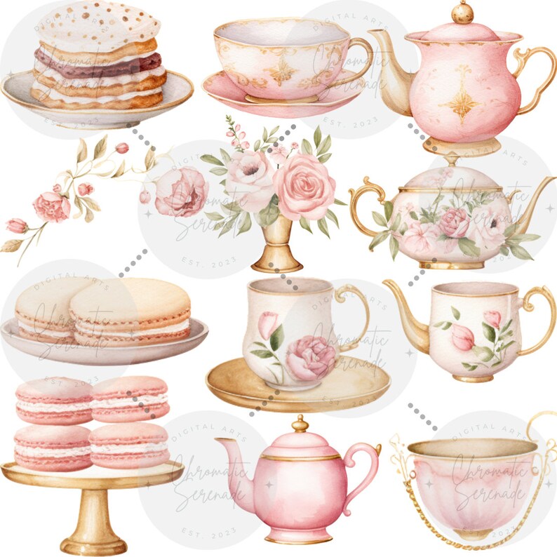 Watercolor Strawberry Tea Clipart, Pink and Gold Tea Cups, Rose Teacup ...