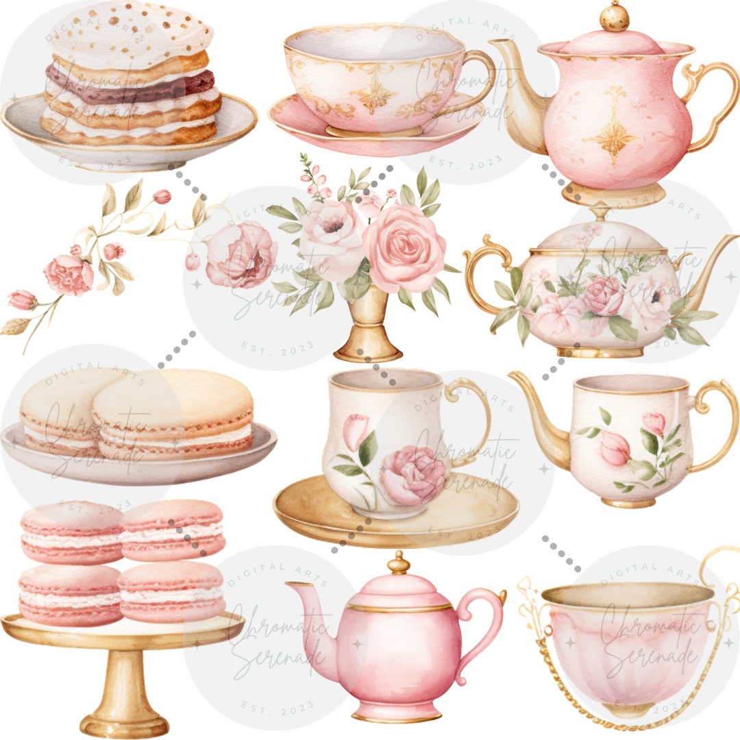 Watercolor Strawberry Tea Clipart, Pink and Gold Tea Cups, Rose Teacup ...