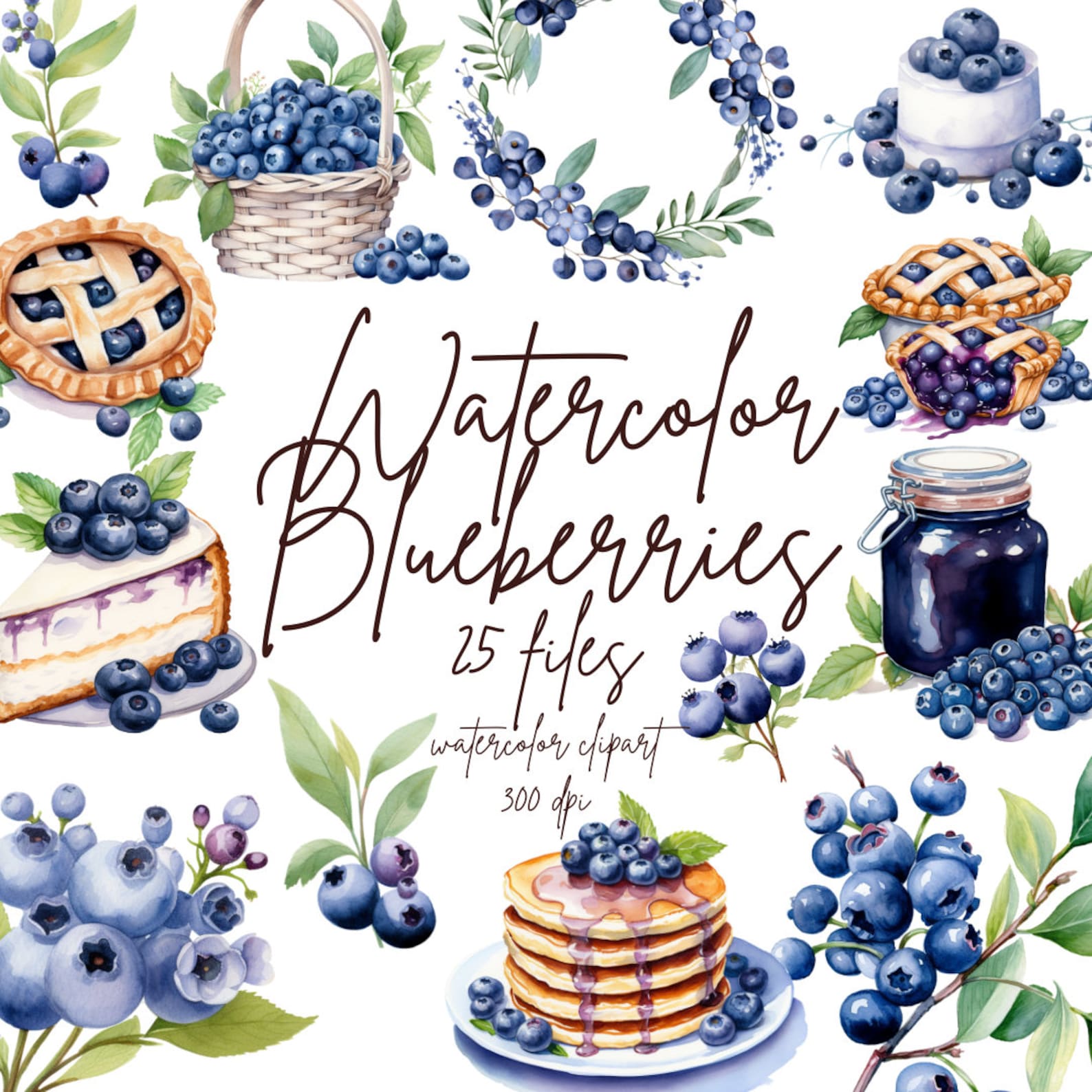 Watercolor Blueberries Clipart Blueberry Pie Clipart Berry Watercolor ...
