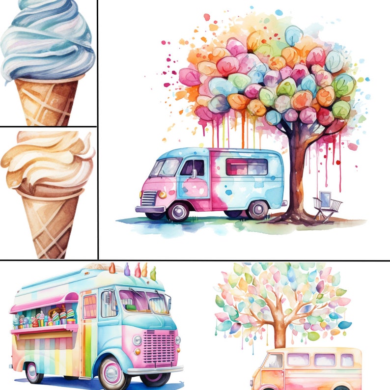 Watercolor Ice Cream Clipart Summer Watercolor Clipart - Etsy