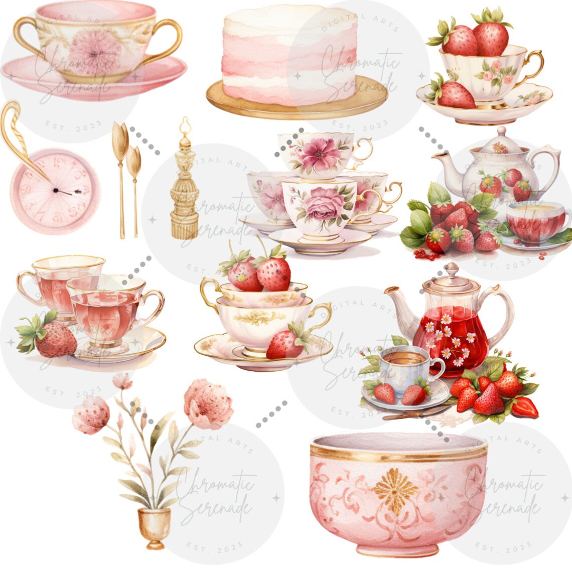 Watercolor Strawberry Tea Clipart Pink and Gold Tea Cups - Etsy