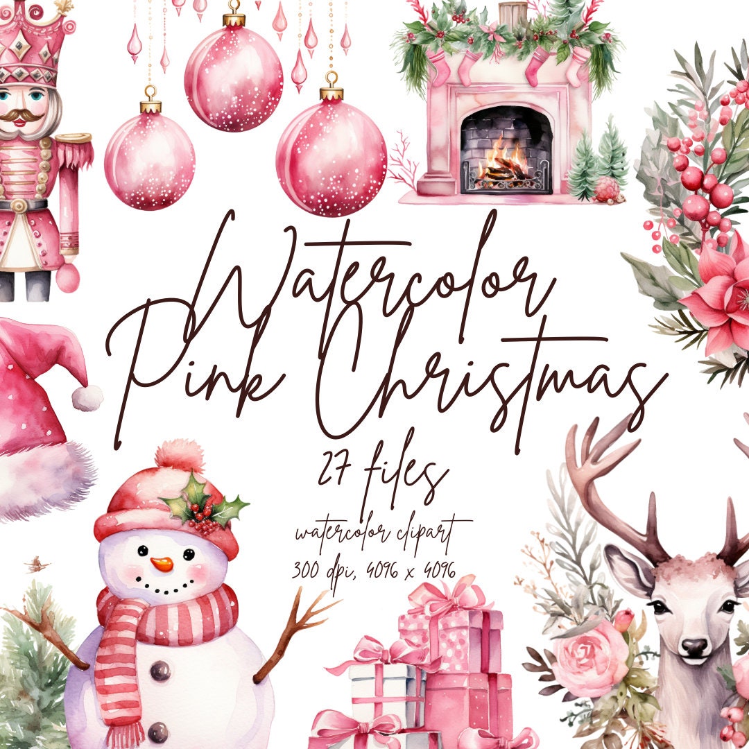 Watercolor Pink Christmas Clipart Cozy Christmas Clip Art Pink Xmas ...