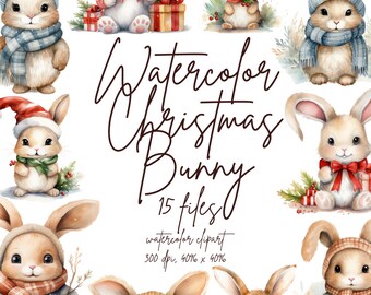 Christmas Bunny Clipart Watercolor Christmas Rabbit PNG - Etsy