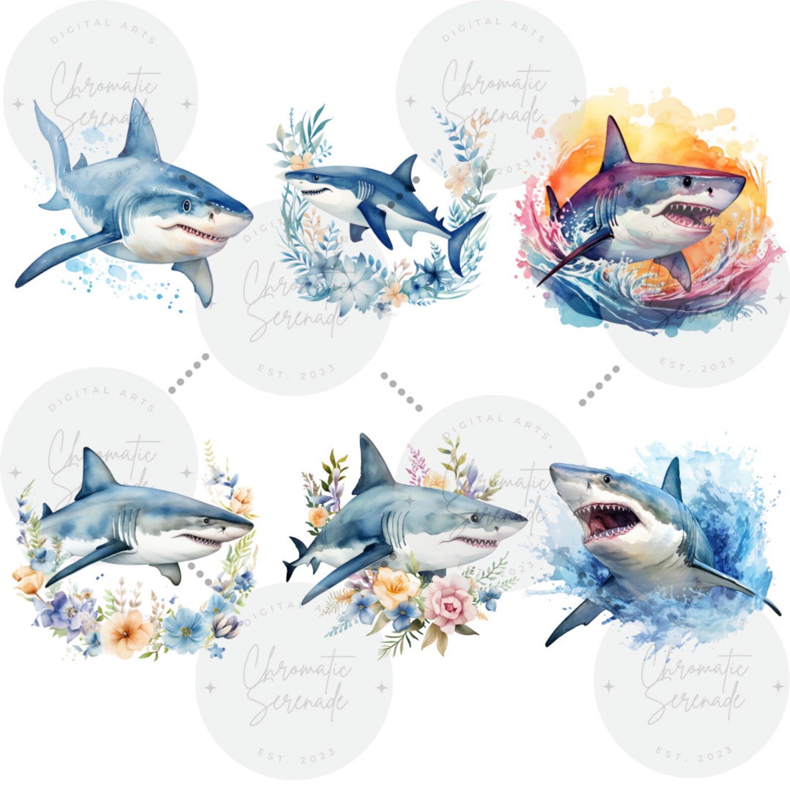 Watercolor Sharks Clipart Floral Shark Graphics Ocean Animals PNG Sea ...