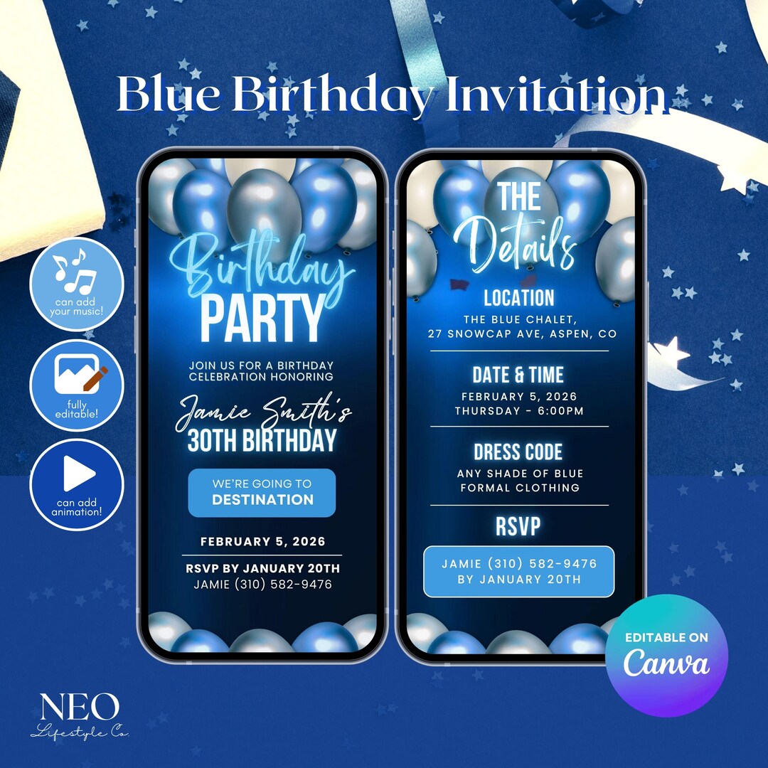 Blue Birthday Party Invitation, Balloons Birthday Invite for Men, Women ...