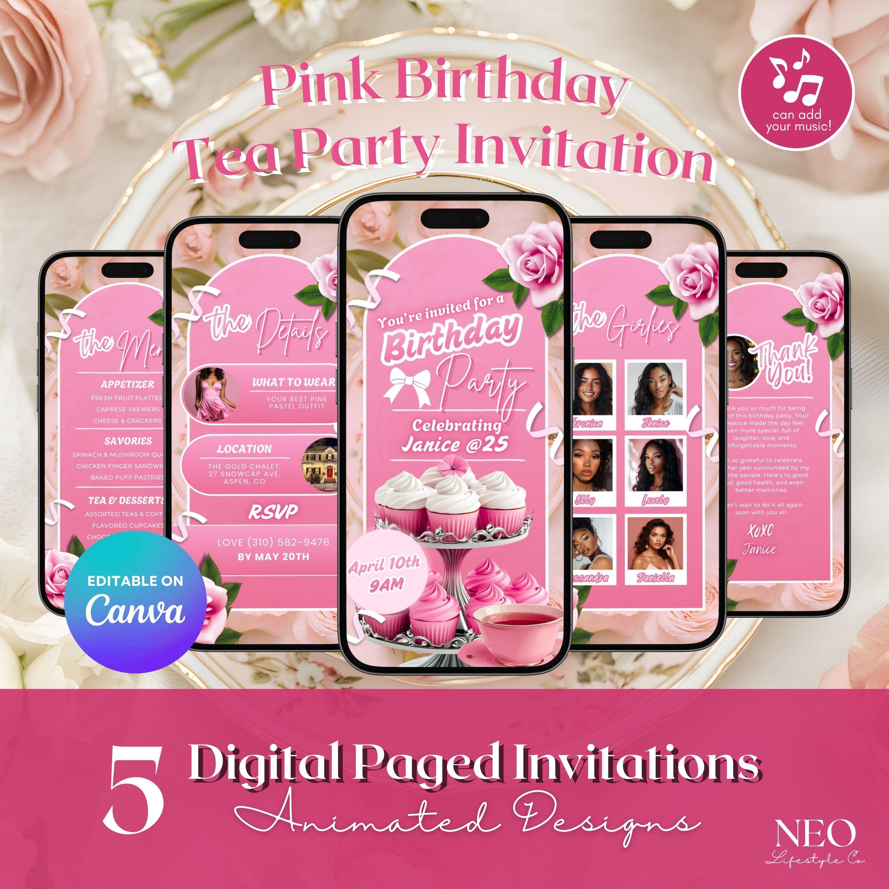 Pink Birthday Party Invitation, Ribbon & Roses Theme Bday Invite, Girls ...