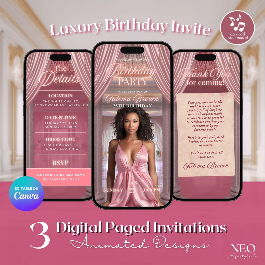 Elegant Luxury Birthday Invitation, Pastel Pink Birthday Party Invite ...