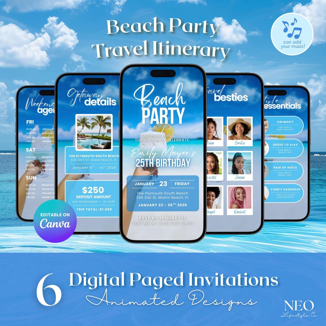 Digital Travel Itinerary, Blue Beach Cocktail Party Invite for Birthday ...