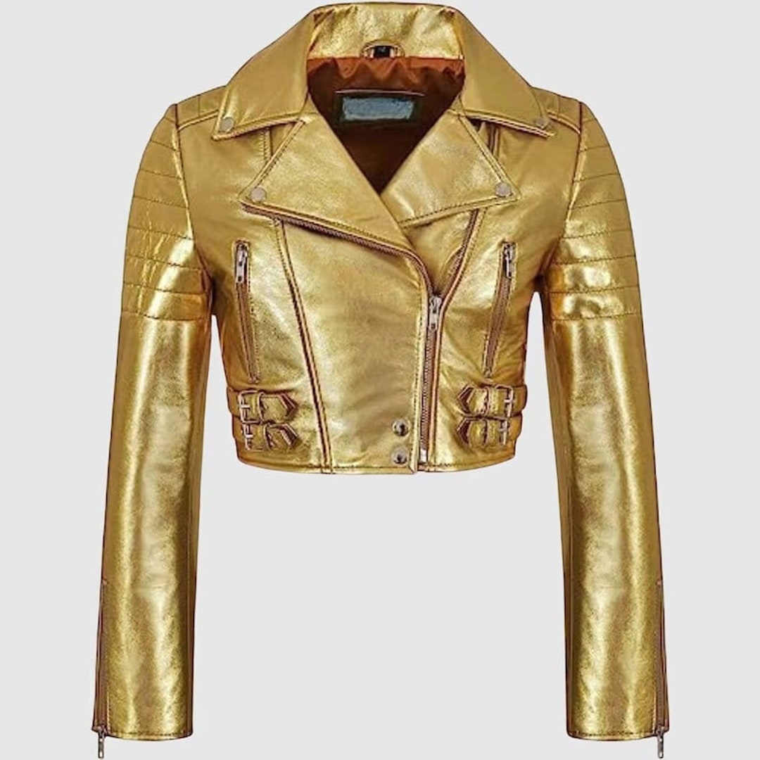Women Gold Cropped Jacket Metallic Gold Biker Leather Jacket - Etsy