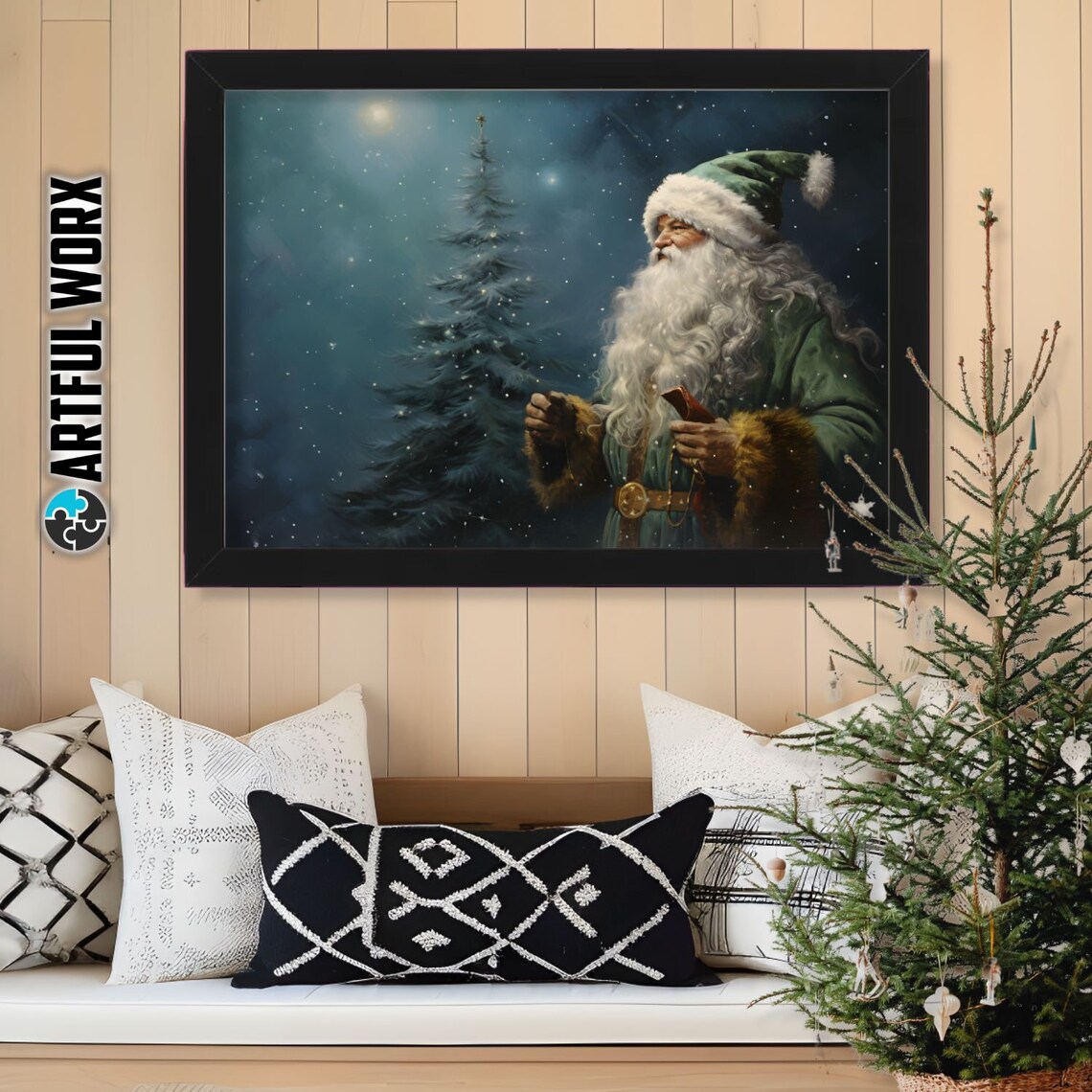 Vintage Santa Oil Painting Print | Snowy Christmas Art | Moody Digital ...