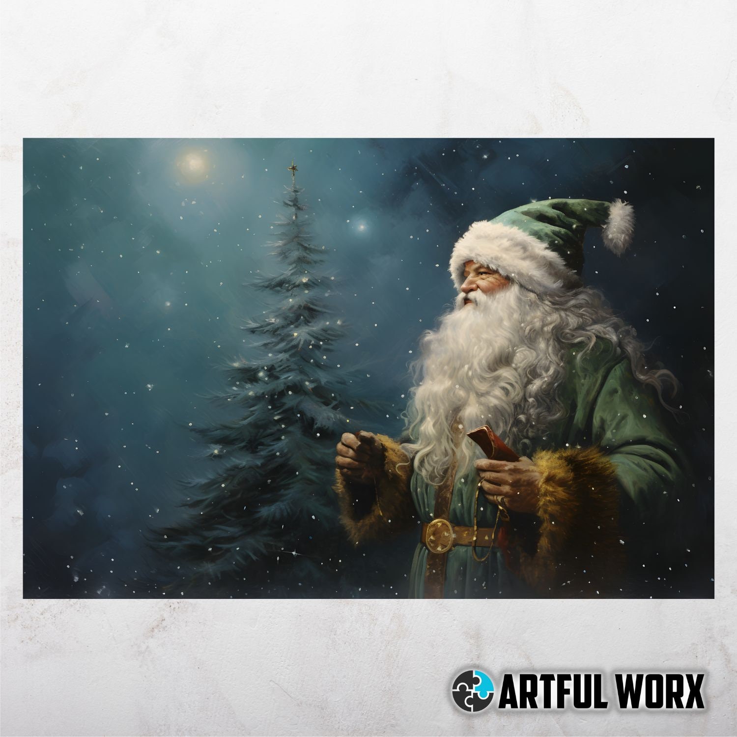 Vintage Santa Oil Painting Print | Snowy Christmas Art | Moody Digital ...