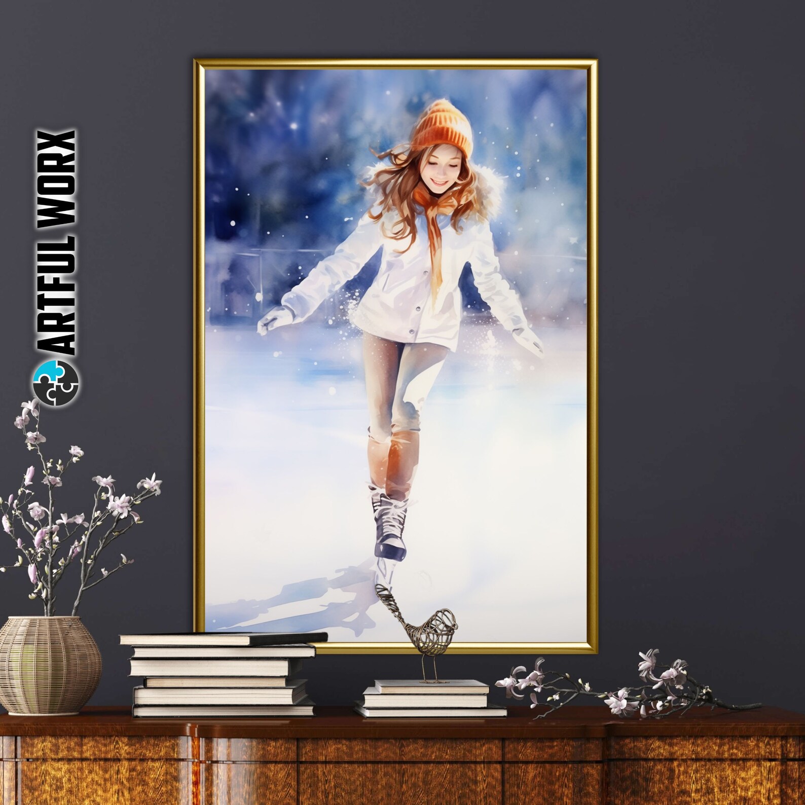 Ice Skating on Pond Watercolor PRINTABLE Wall Art | Nursery Print ...