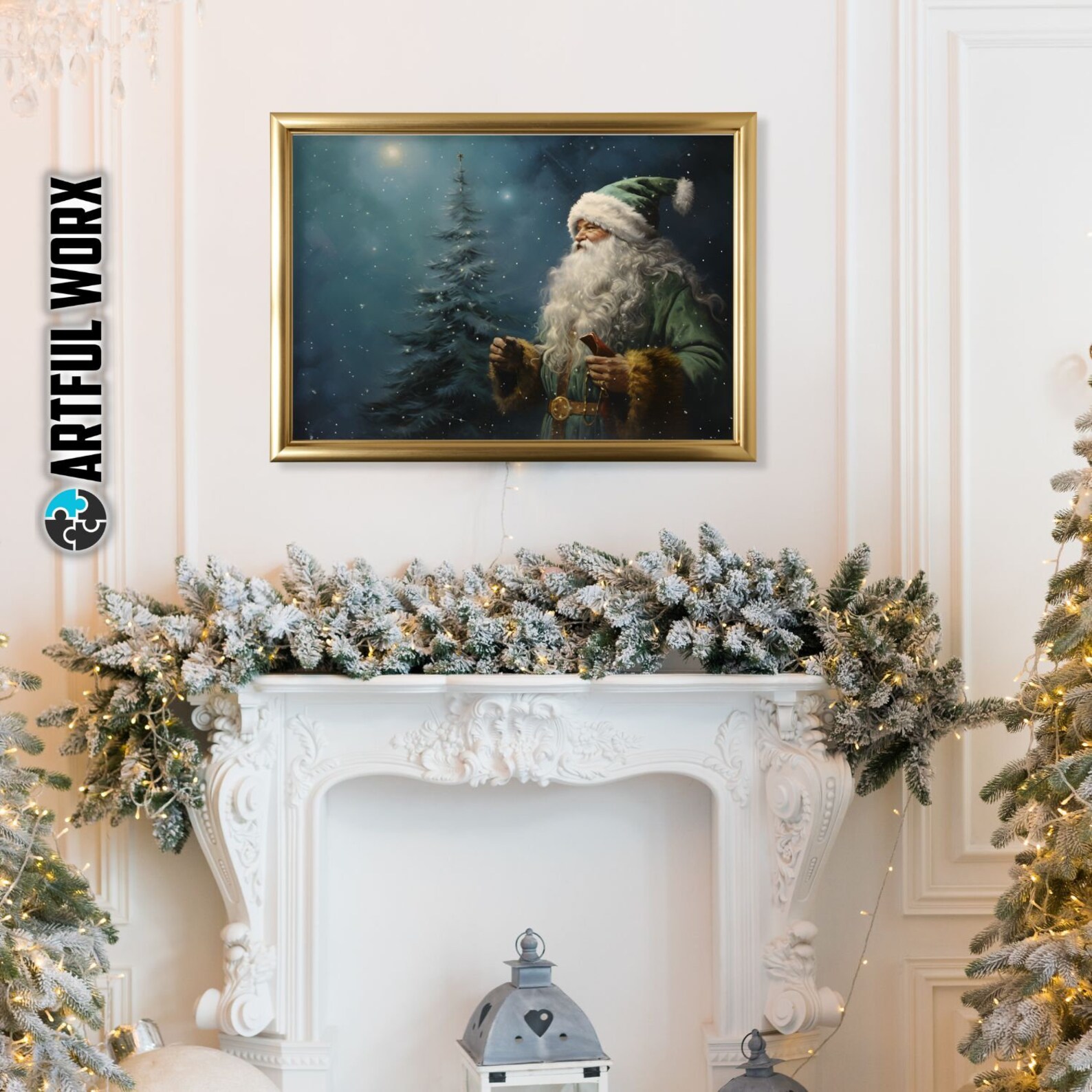 Vintage Santa Oil Painting Print | Snowy Christmas Art | Moody Digital ...