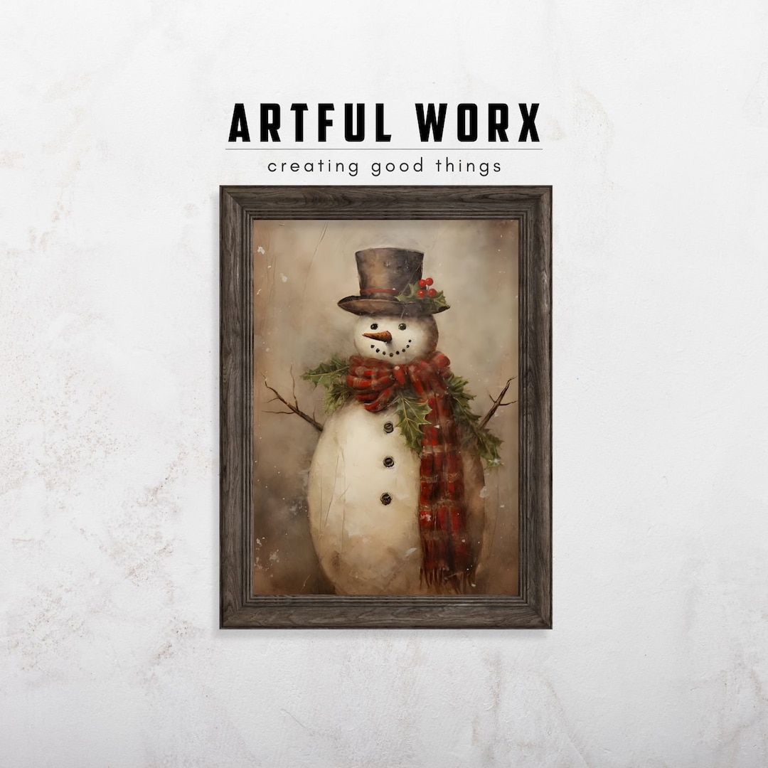 Rustic Snowman Vintage Oil Painting | Rustic Christmas Art | Vintage ...
