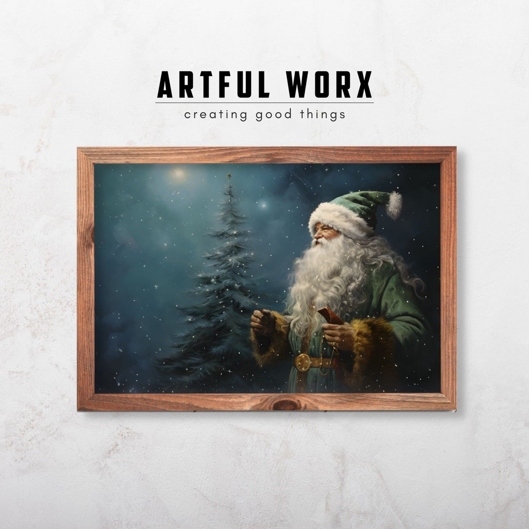 Vintage Santa Oil Painting Print | Snowy Christmas Art | Moody Digital ...