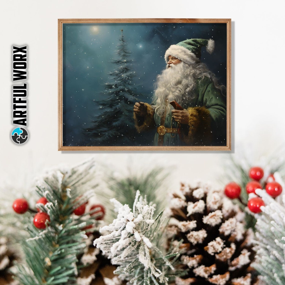 Vintage Santa Oil Painting Print | Snowy Christmas Art | Moody Digital ...