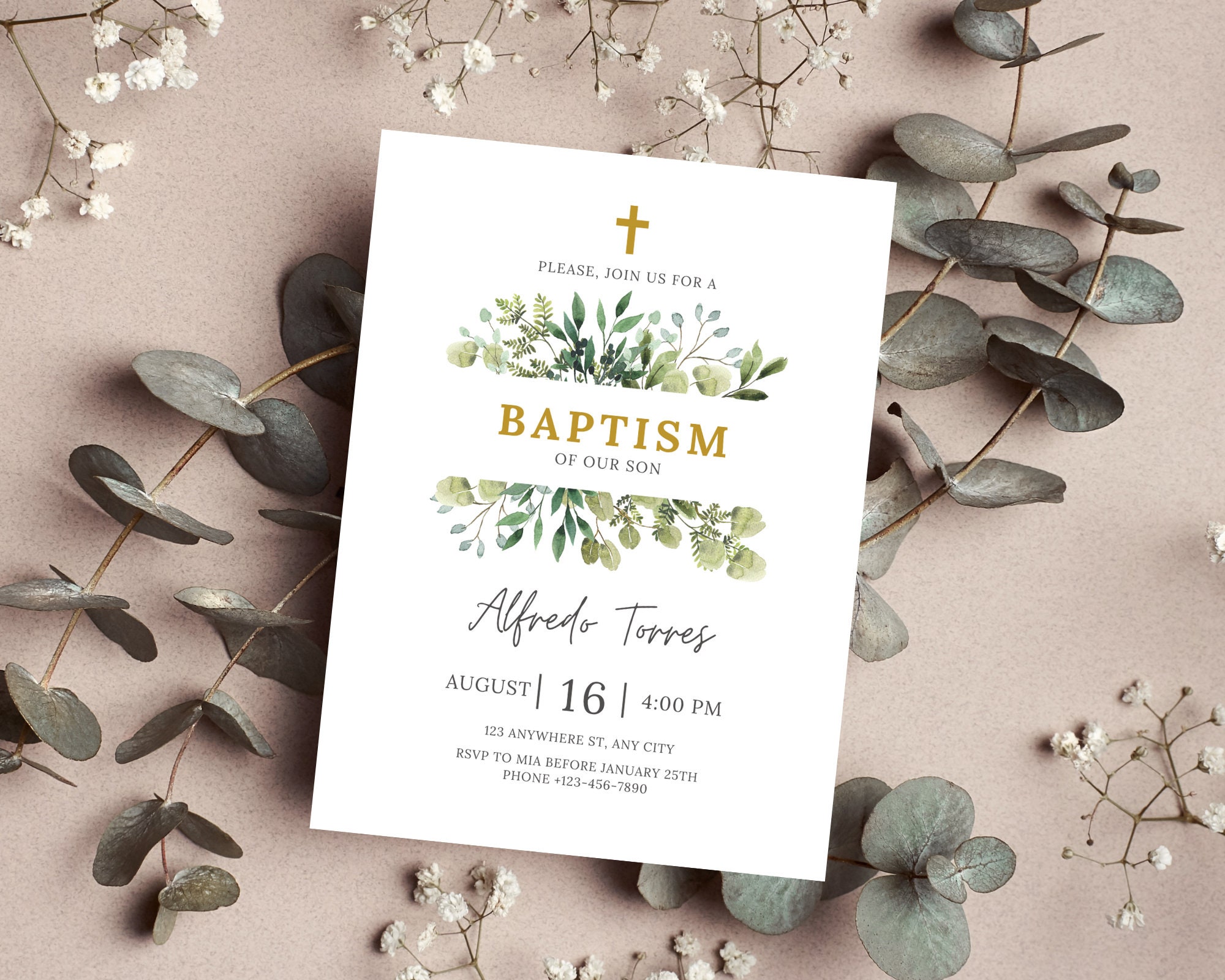 Greenery Gold Baptism Invitation Digital Print Baptism 1st - Etsy