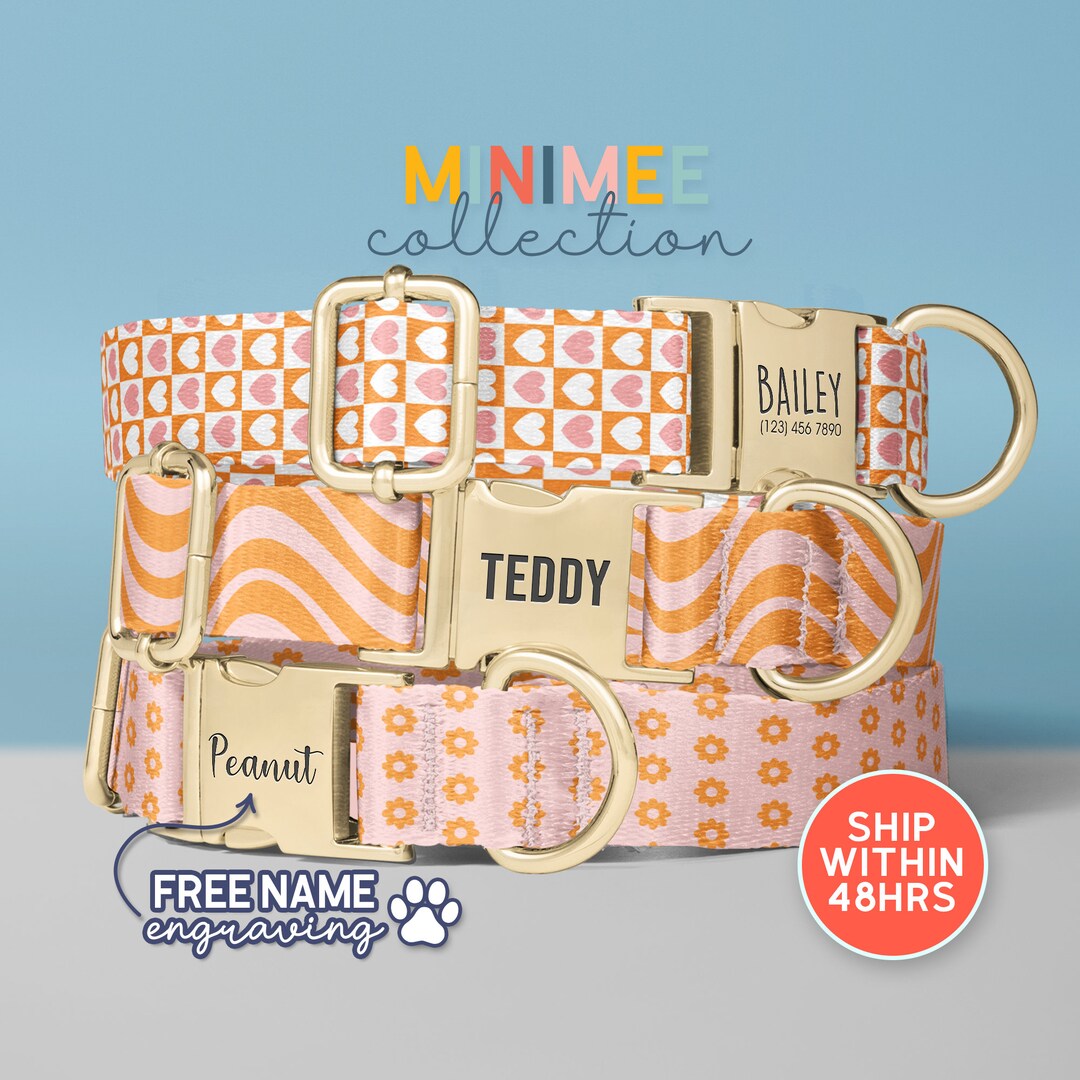 Funky Flowers Dog Collar With Name, Engraved Dog Collars, Retro Girl ...