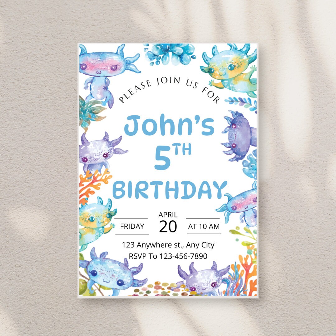 Editable Blue Axolotl Birthday Invitation First 1st Boys Birthday ...