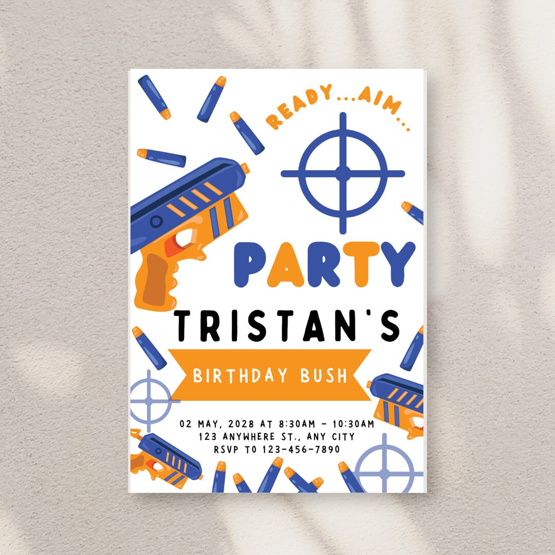 Editable Dart Gun Birthday Invitation Dart War Birthday Party ...