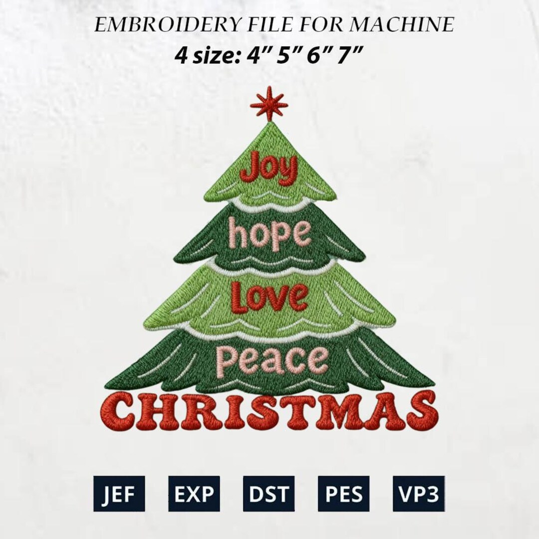 Christmas Tree Machine Embroidery Design Pattern, Joy Hope Love Peace ...