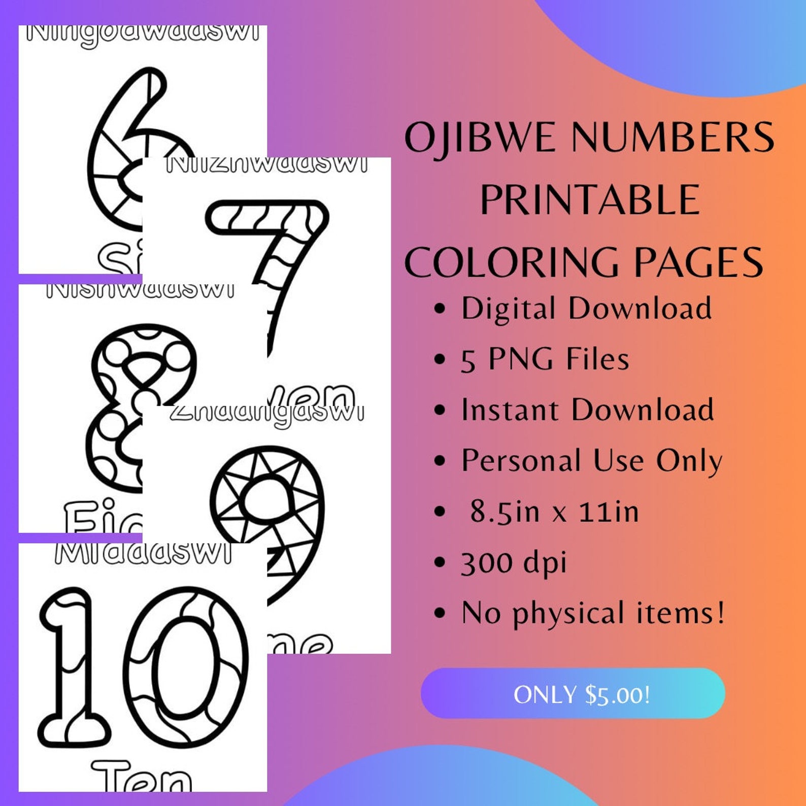 Printable Ojibwe Number Coloring Pages Numbers 6-10 by Mazinibiidesigns ...