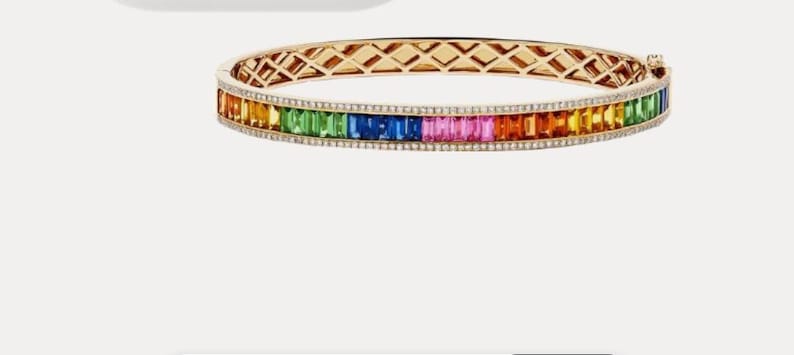 14k Gold Minimallist Rainbow Multicolor Multisapphire Bangle Bracelet ...