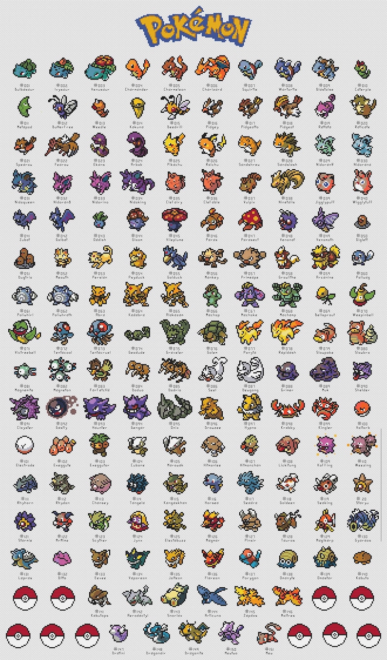 Pokemon Epic Generation 1 Cross Stitch Pattern | All 151 Pokemon! - Etsy